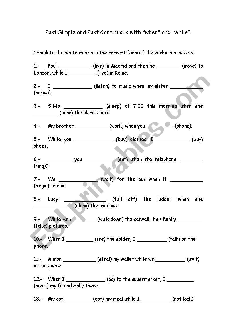 Past Simple and Past Continuous with “when” and “while”. - ESL ...