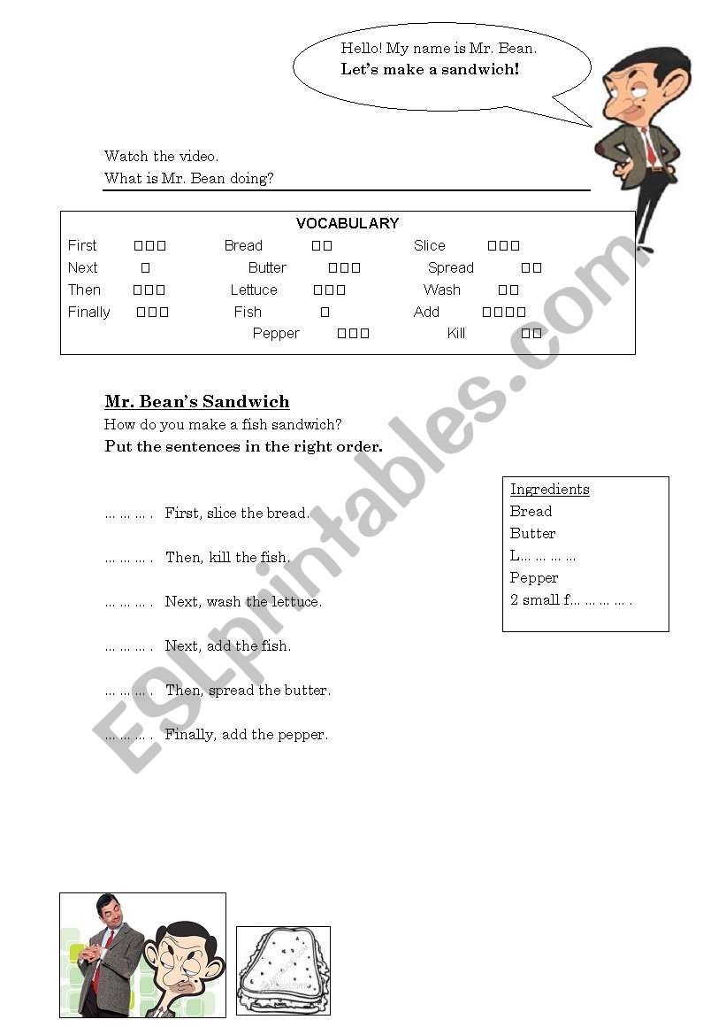 Mr Bean´s Sandwich - Recipes & Sequence - ESL worksheet by kalala