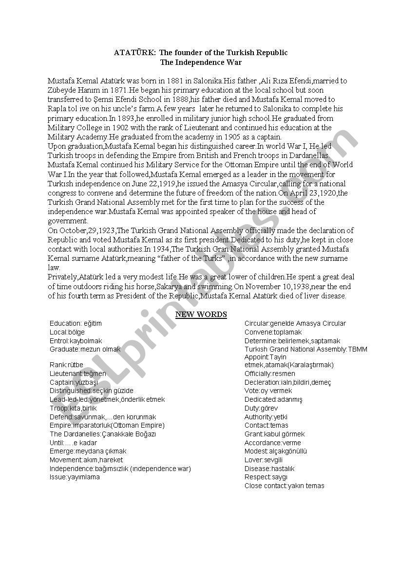 ATATURK´S LIFE,INDEPENDENCE WAR, - ESL worksheet by dkonay09