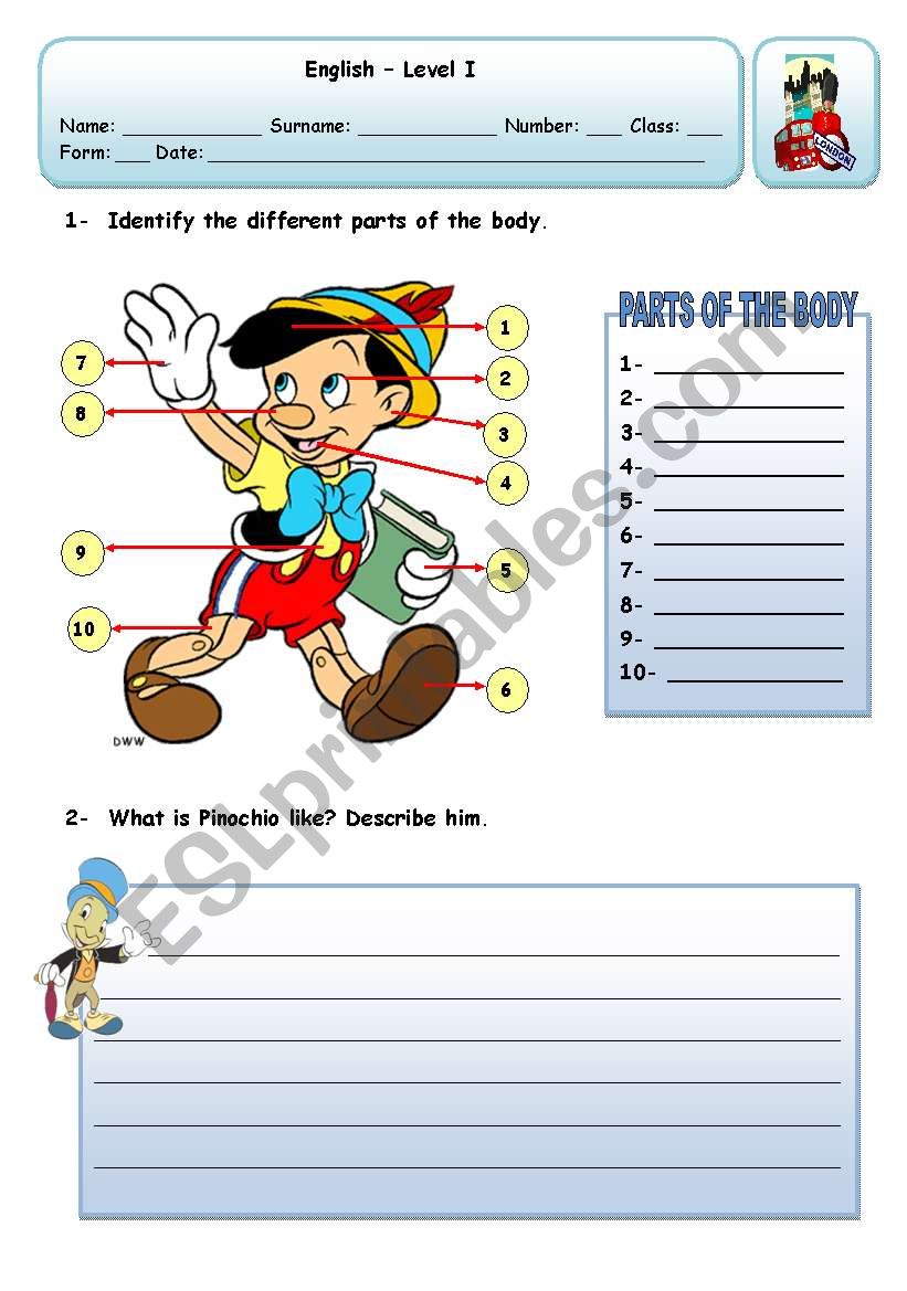 PINOCCHIO´S PHYSICAL DESCRIPTION - ESL worksheet by xani