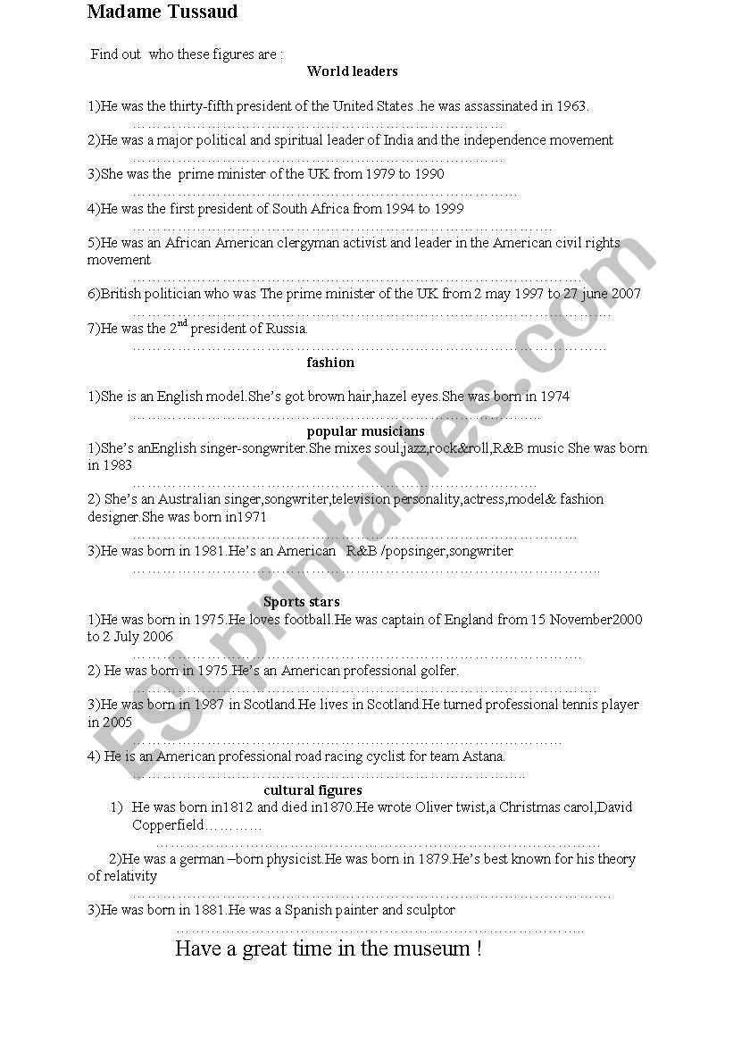 questionnaire about figures inmadame tussaud´s museum - ESL worksheet ...