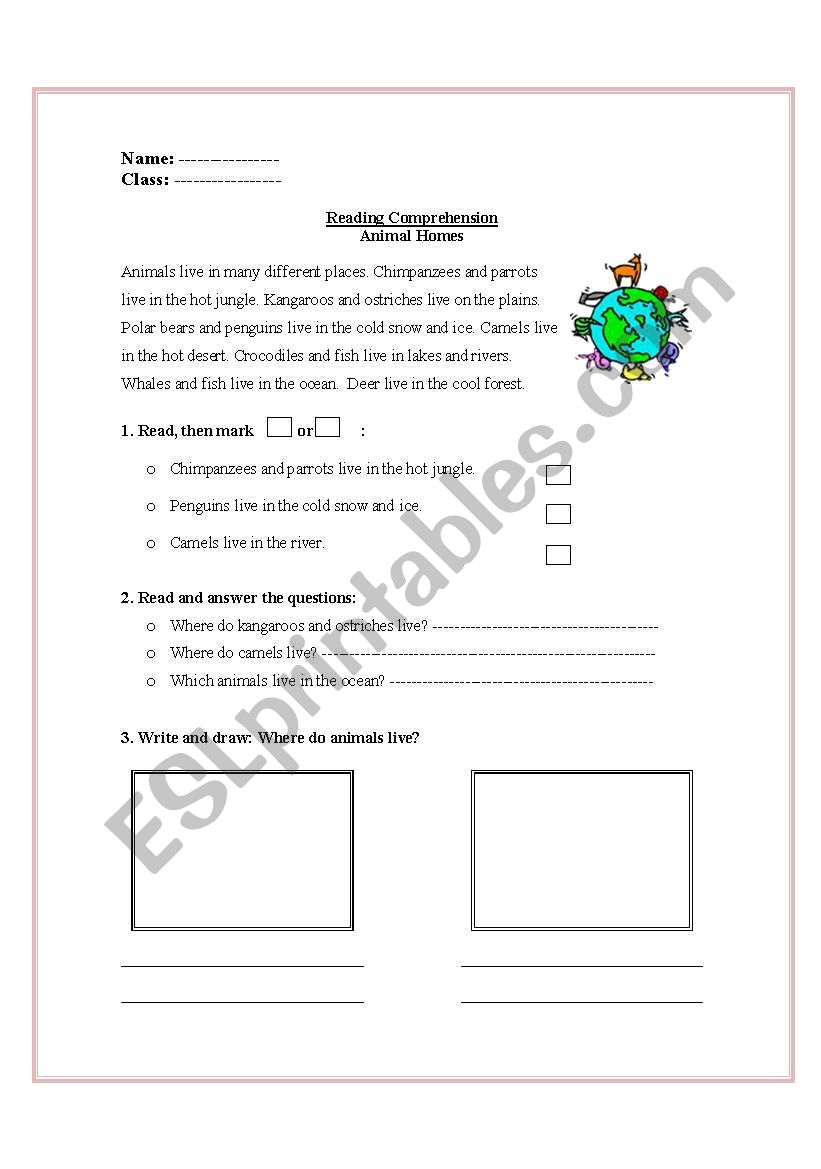 Animals´ homes: Reading Comperhension - ESL worksheet by Kholoud