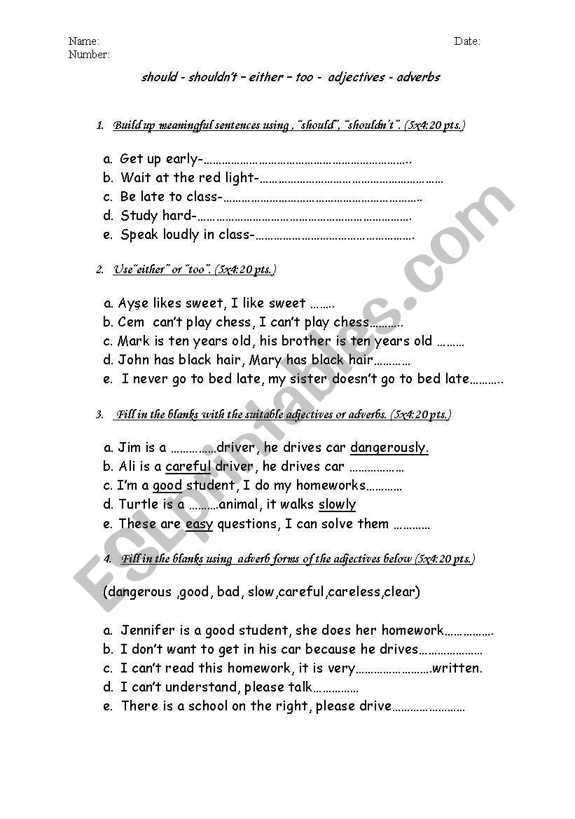 worksheet about should - shouldn’t – either – too - adjectives ...