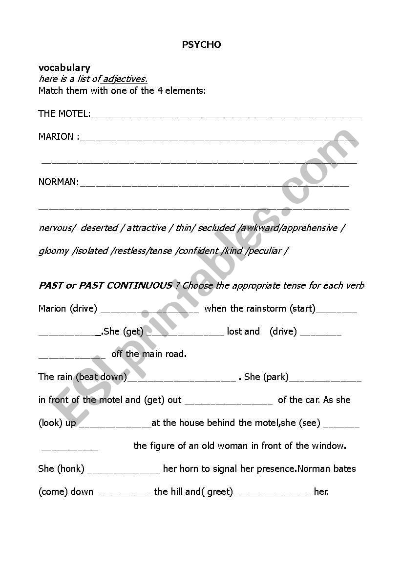 English worksheets: work on the film Psycho (n° 1)