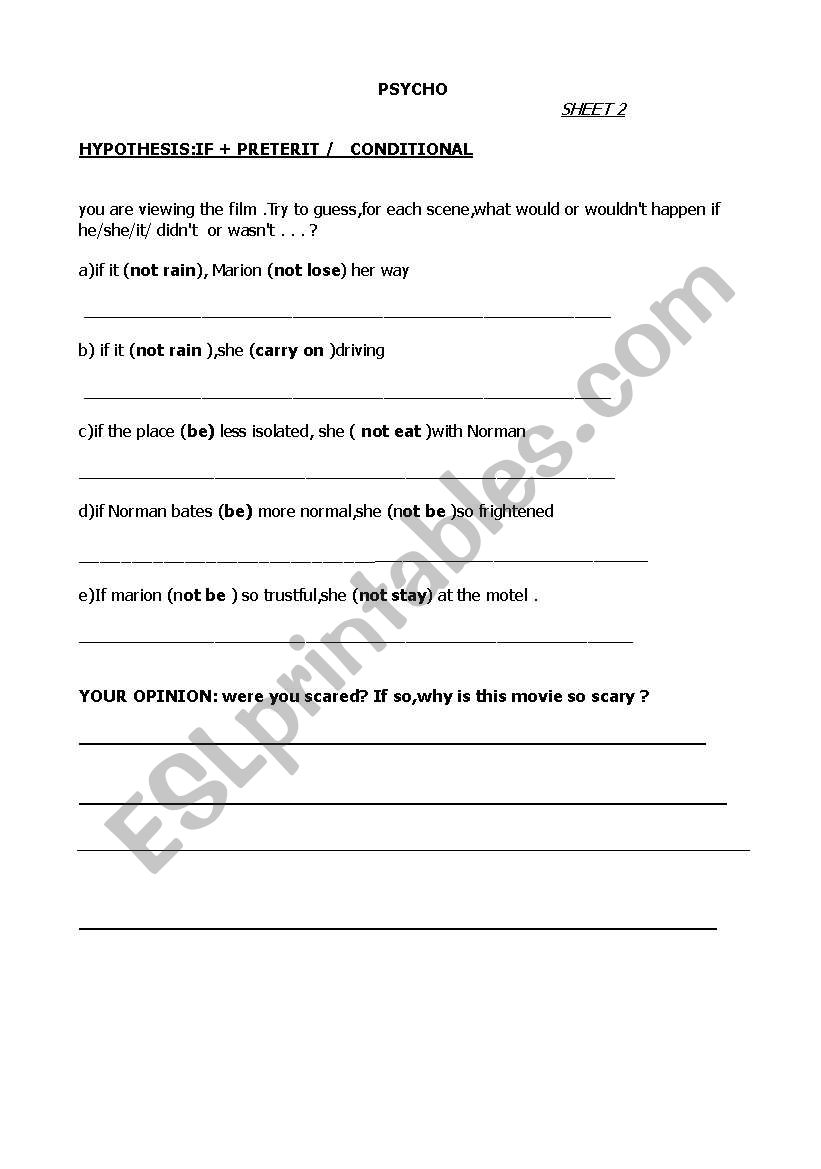 English worksheets: work n° 2 on the film "Psycho"