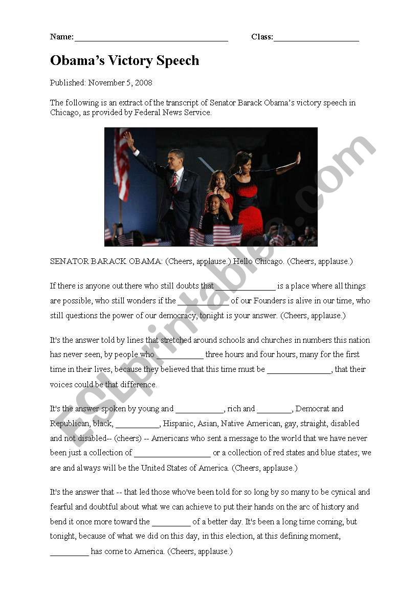 Complete Obama´s victory speech - ESL worksheet by anso