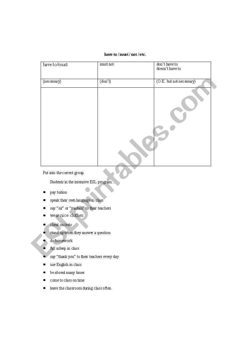 English worksheets: Must, Have to, Don´t have to