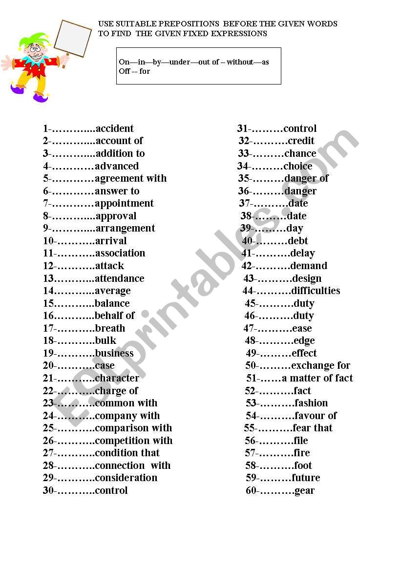 fixed expressions with prepositions - ESL worksheet by nivida fixed expressions with prepositions - ESL worksheet by nivida
