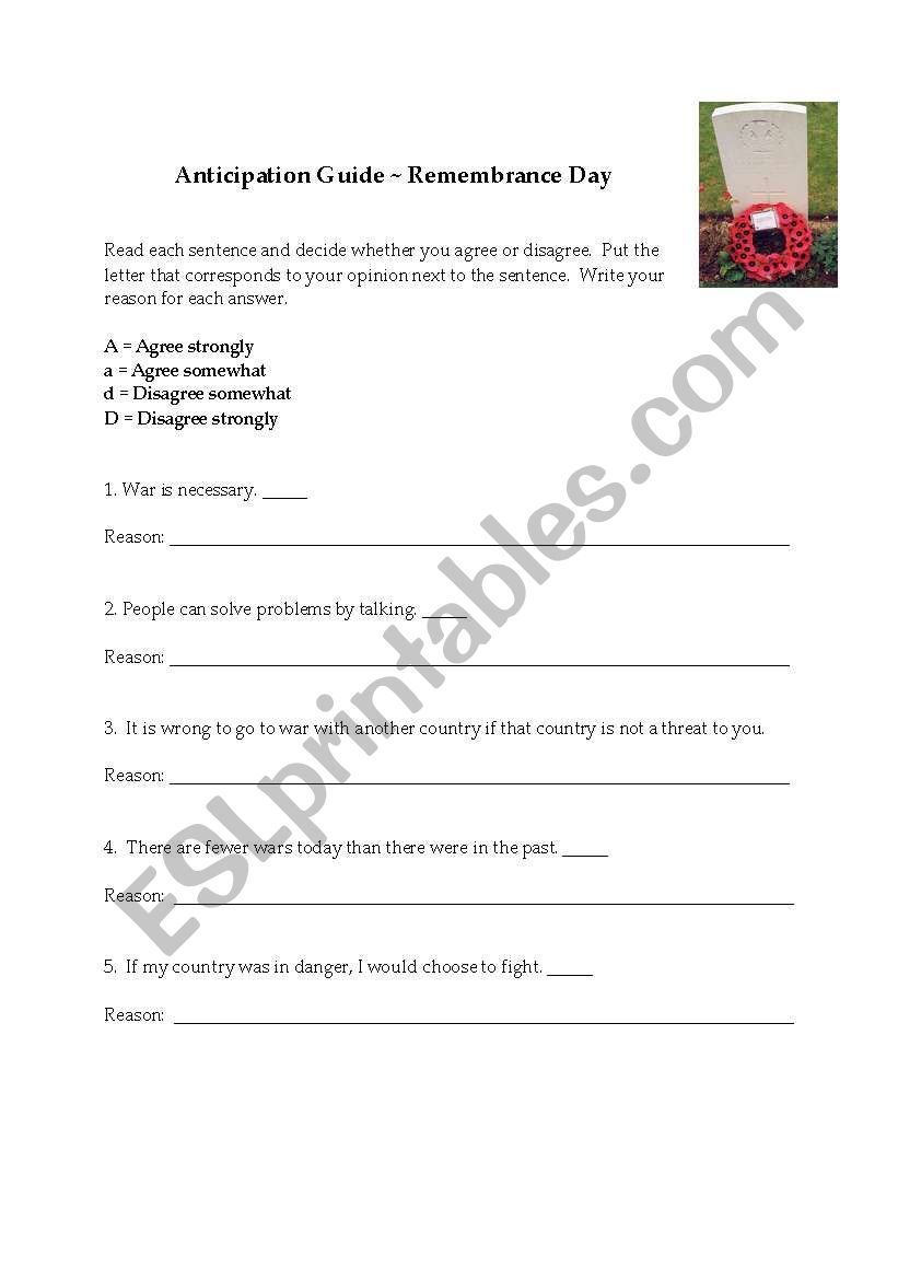 English worksheets: Remembrance Day (Veteran´s Day) Anticipation Guide