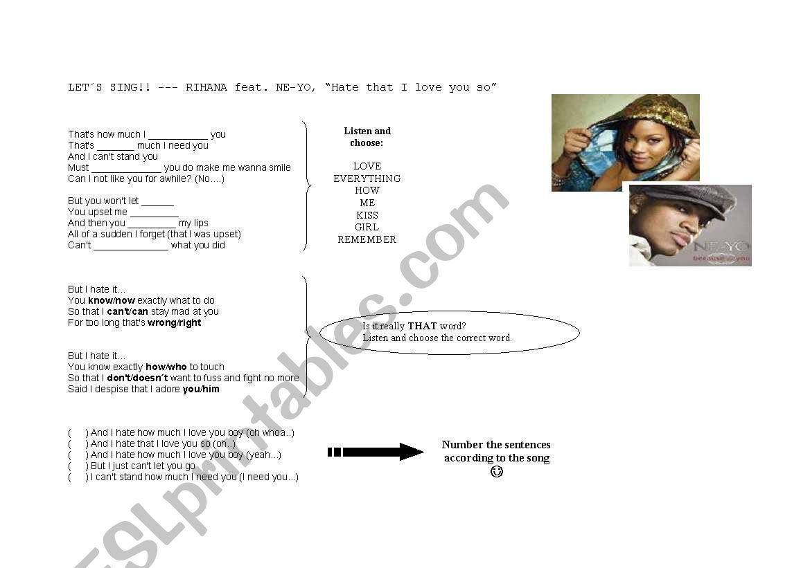 Rihana´s "I hate that I love you so" - ESL worksheet by Luxi