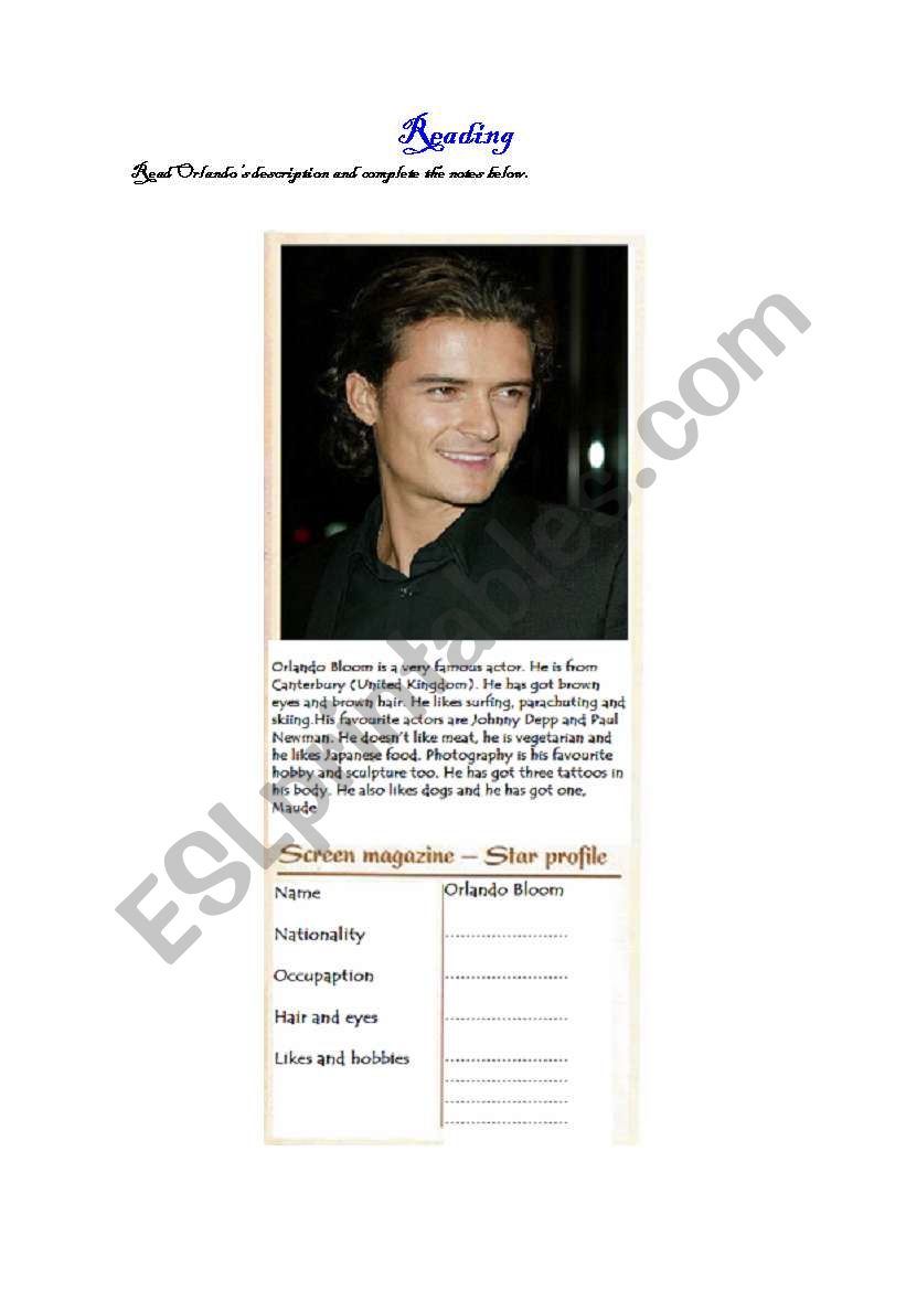 Orlando Bloom´s reading comprehension - ESL worksheet by loresoria