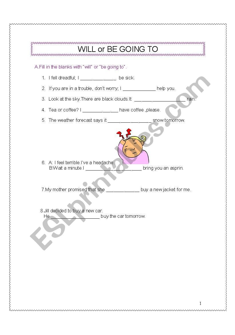 VERY USEFUL WORKSHEET WHILE TEACHING ´WILL´ AND ´BE GOING TO´ - ESL ...