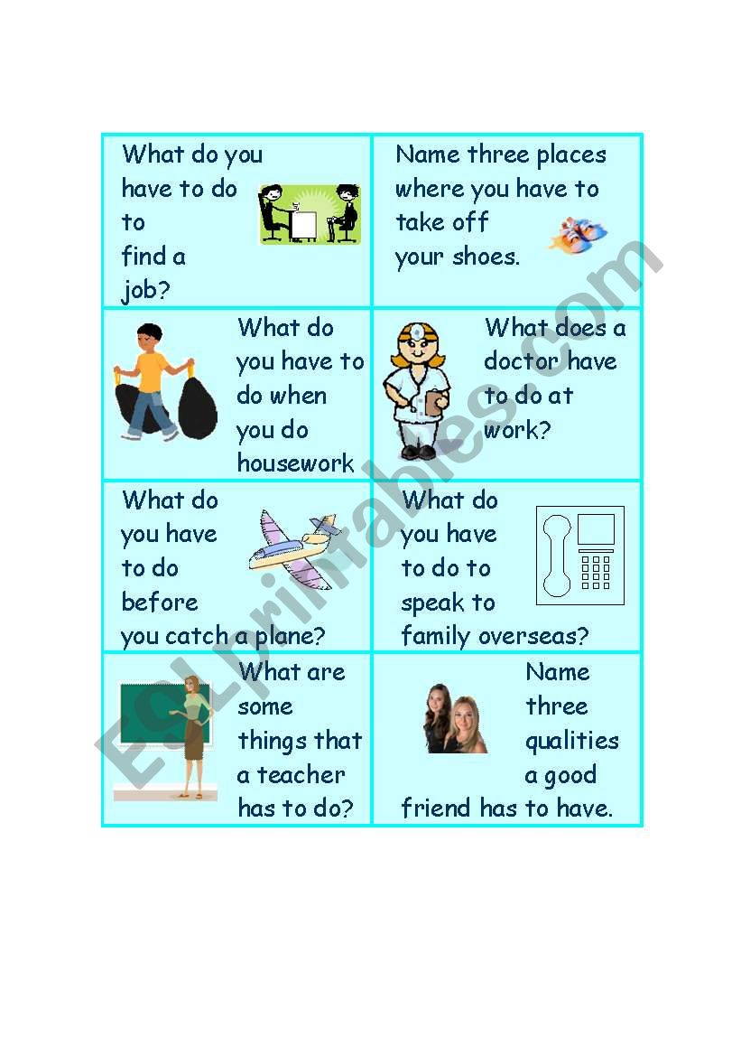 Conversation cards to practise ´Have/has to´_1 of 2 - ESL worksheet by ...