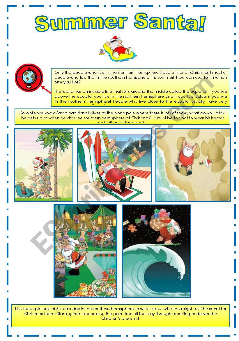Summer Santa! Funny discussion and writing worksheet:It´s not winter ...