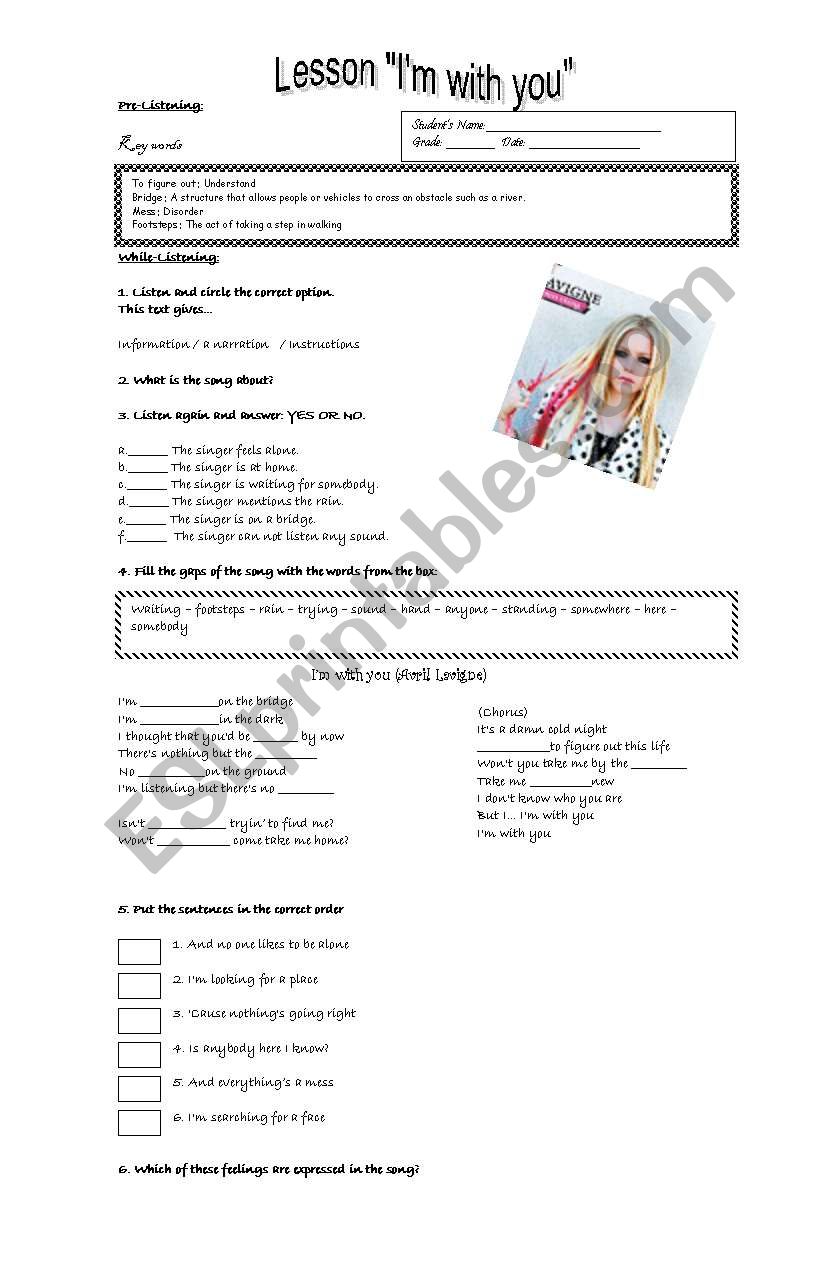 Lesson: I´m with you. Listening comprehension skill - ESL worksheet by ...