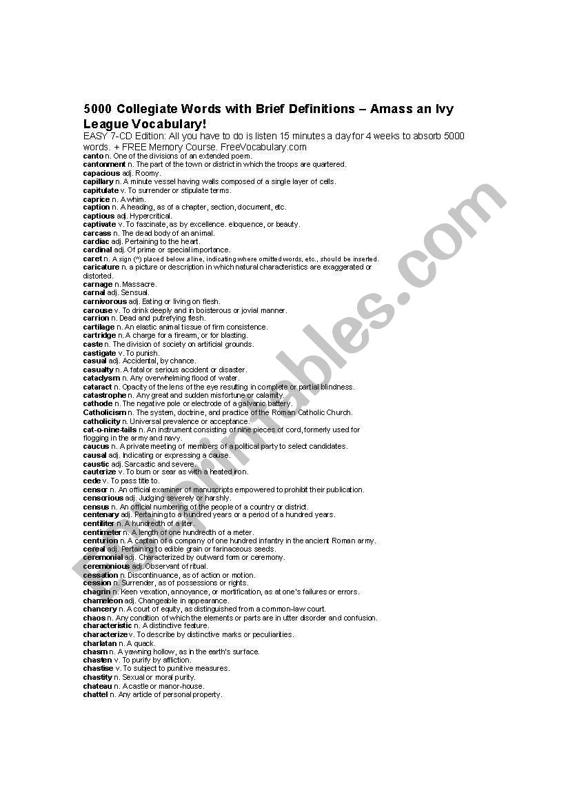 English worksheets: 5000 Collegiate Words with Brief Definitions ...