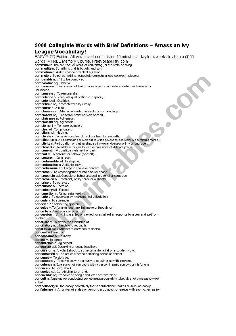 English worksheets: 5000 Collegiate Words with Brief Definitions ...