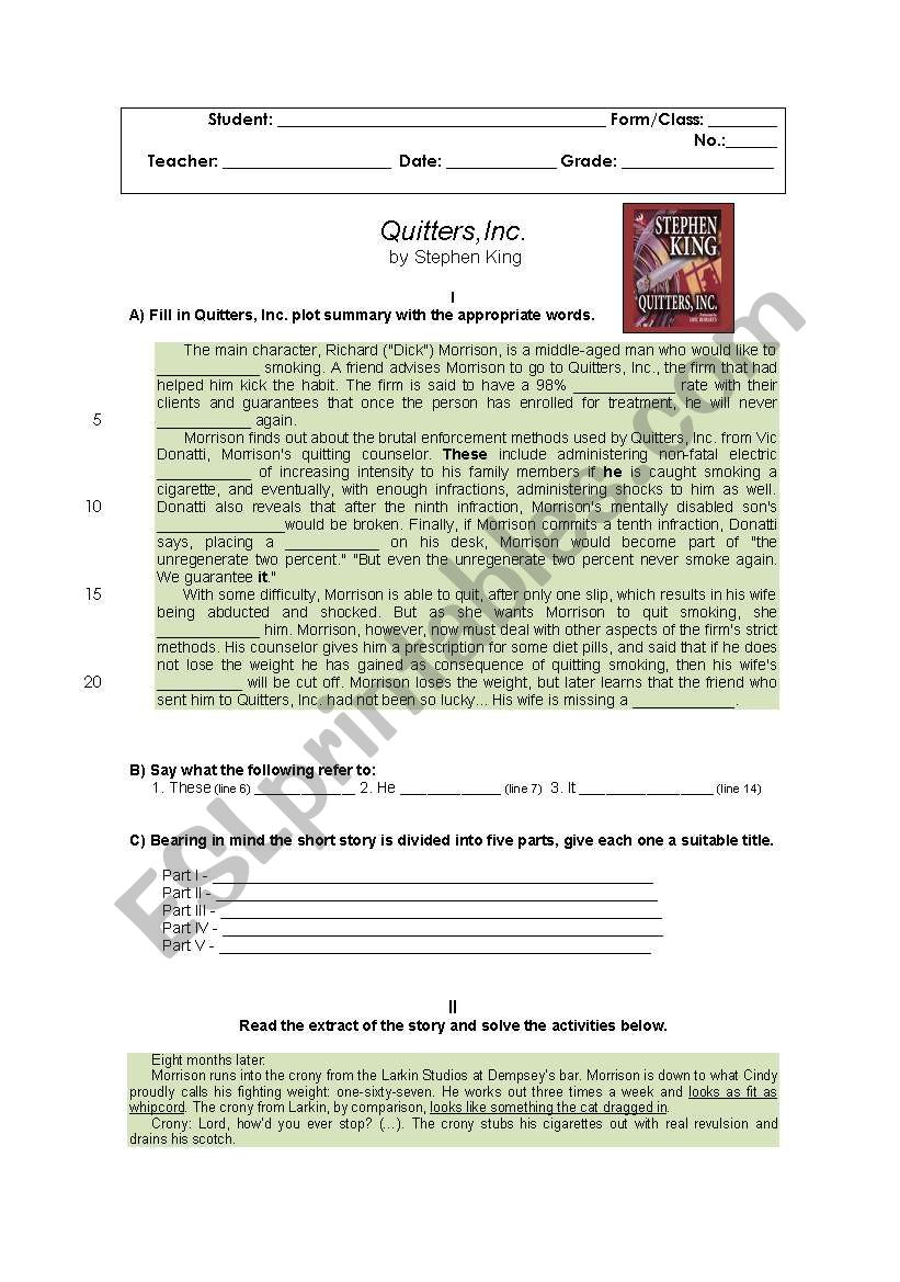 Test on Stephen King´s - ESL worksheet by oceanrain2024