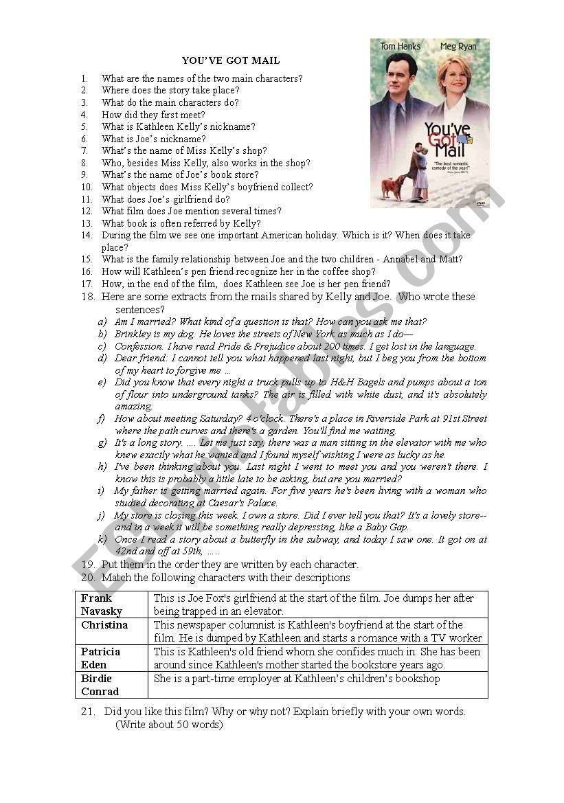 a worksheet on the film You´ve Got Mail - ESL worksheet by mfflores