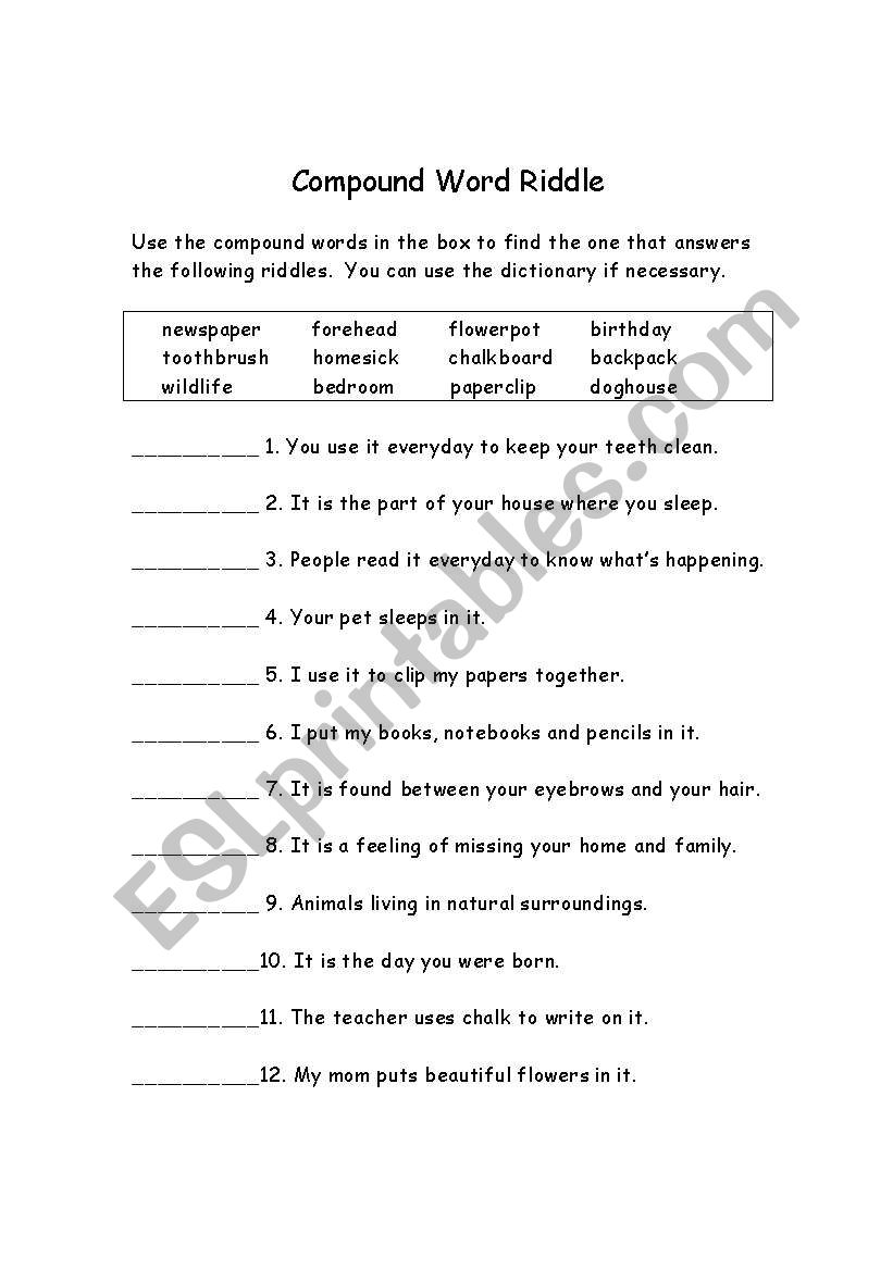 Compound Words Riddle - ESL worksheet by minellpena Compound Words Riddle - ESL worksheet by minellpena