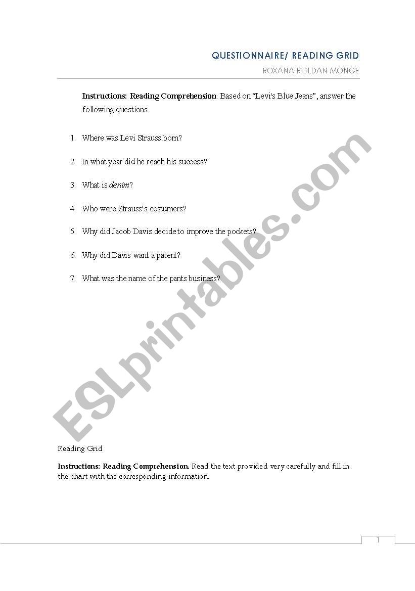 English worksheets: Levi´s Blue Jeans (Reading Grid / Questions)