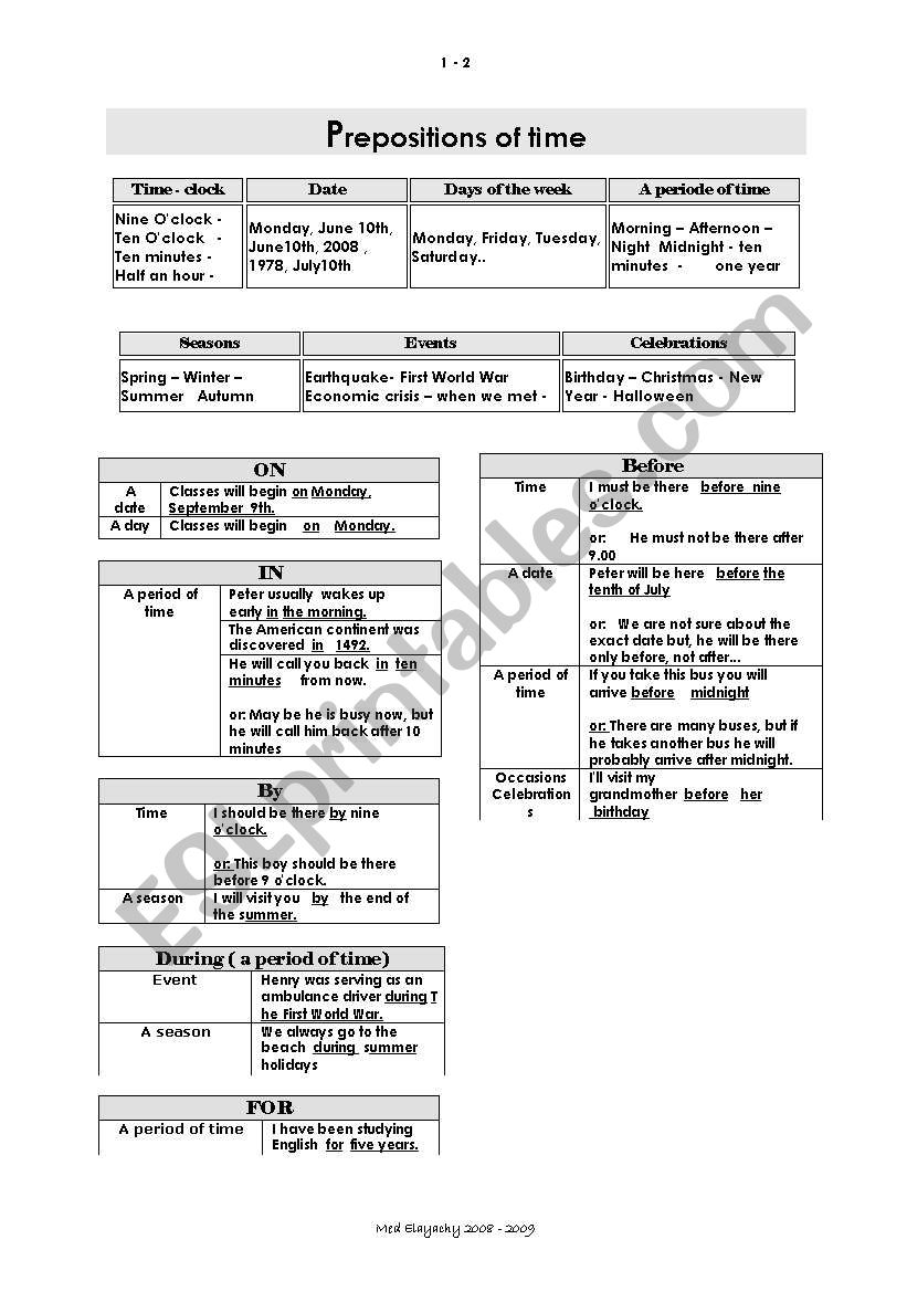 ^prepositions of time - ESL worksheet by elayachy