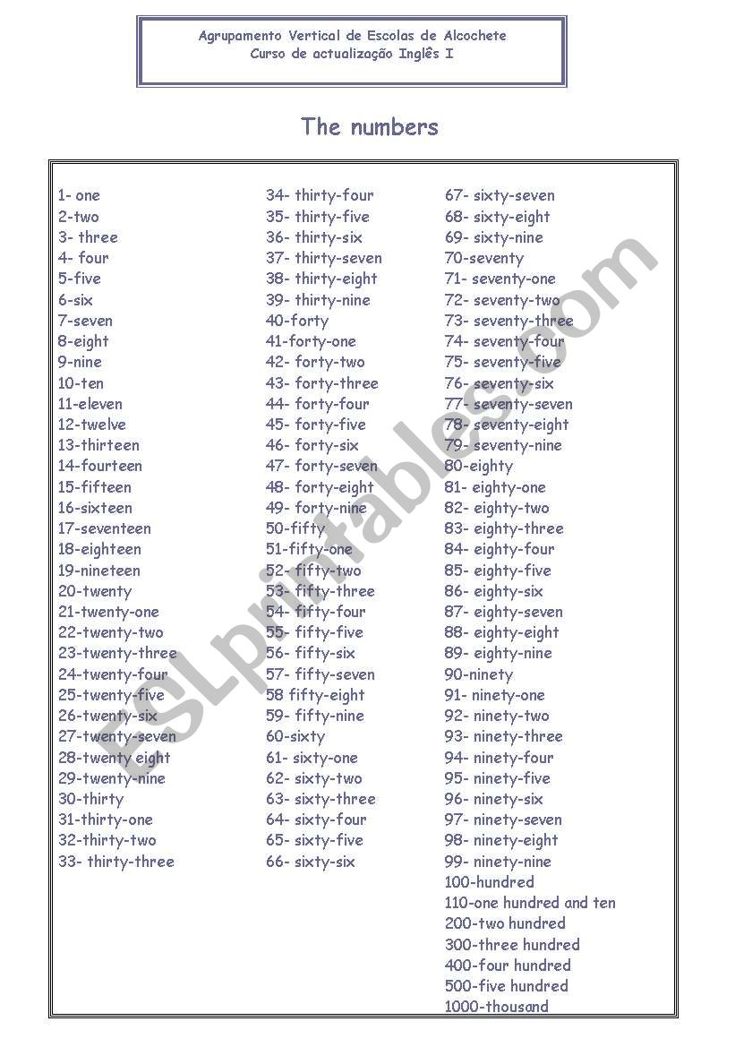 English Worksheets Numbers From 1 To 1000