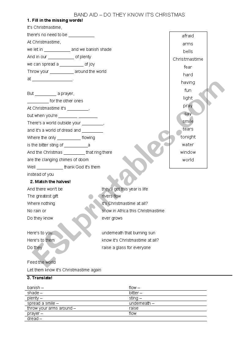 Band Aid - Do They Know It´s Christmas - ESL worksheet by ellasalmon