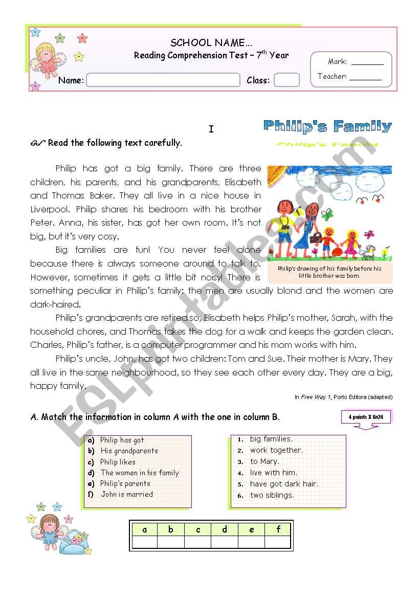 "Philip´s Family" -- Reading Progress TEST for lower intermediate ...