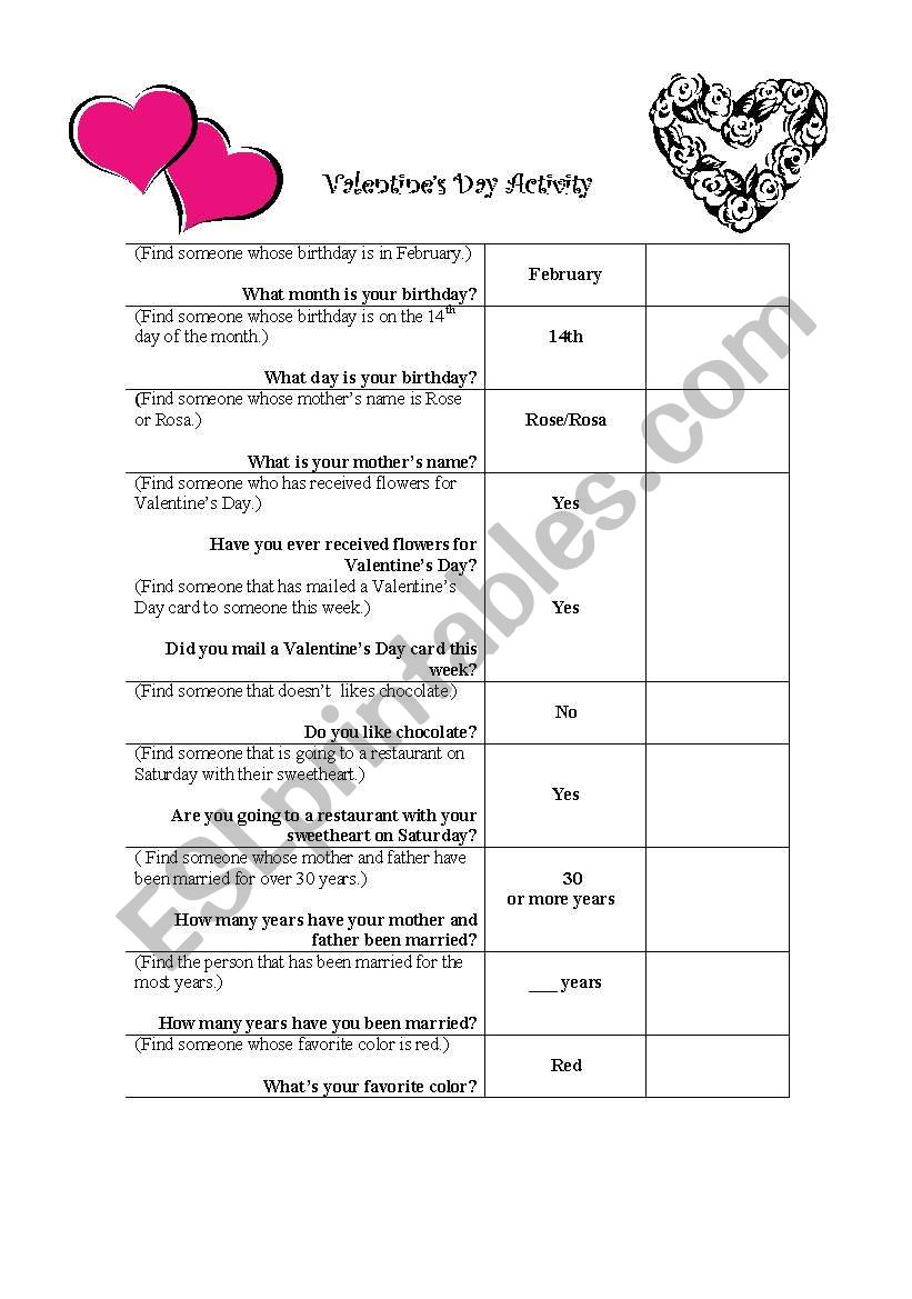 English worksheets: Valentine´s Day Information Gap Activity