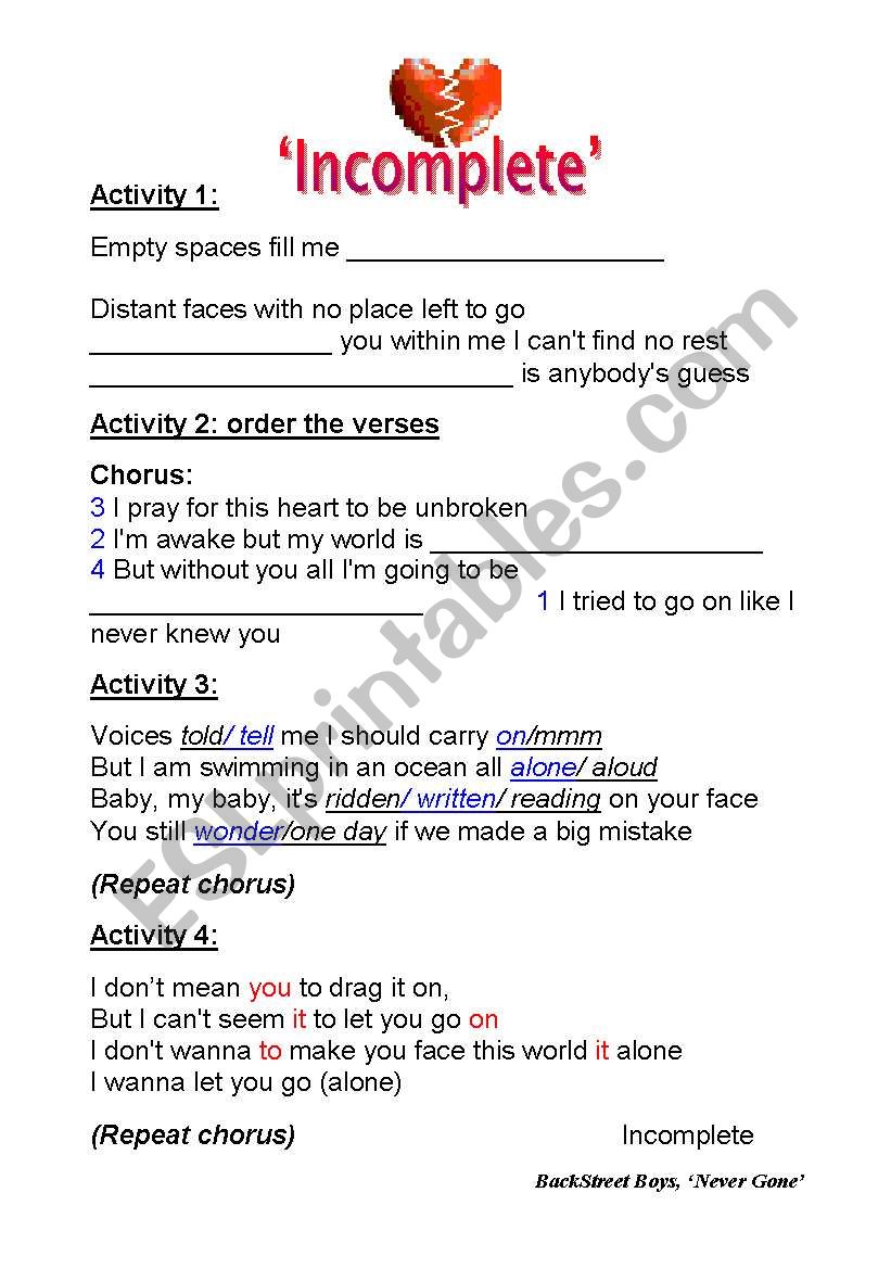 song ´Incomplete´ by the Backstreet Boys - ESL worksheet by sheilacoli