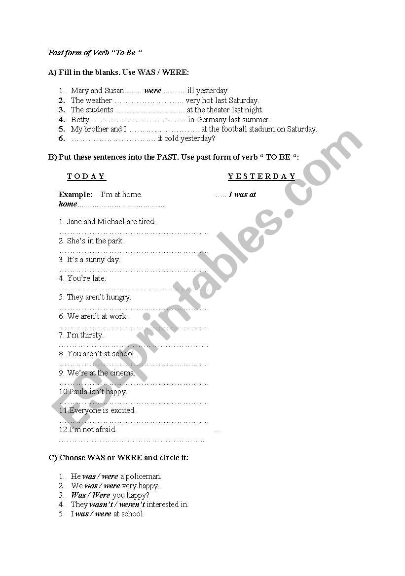 Past form of Verb “To Be “ - ESL worksheet by Silbustari
