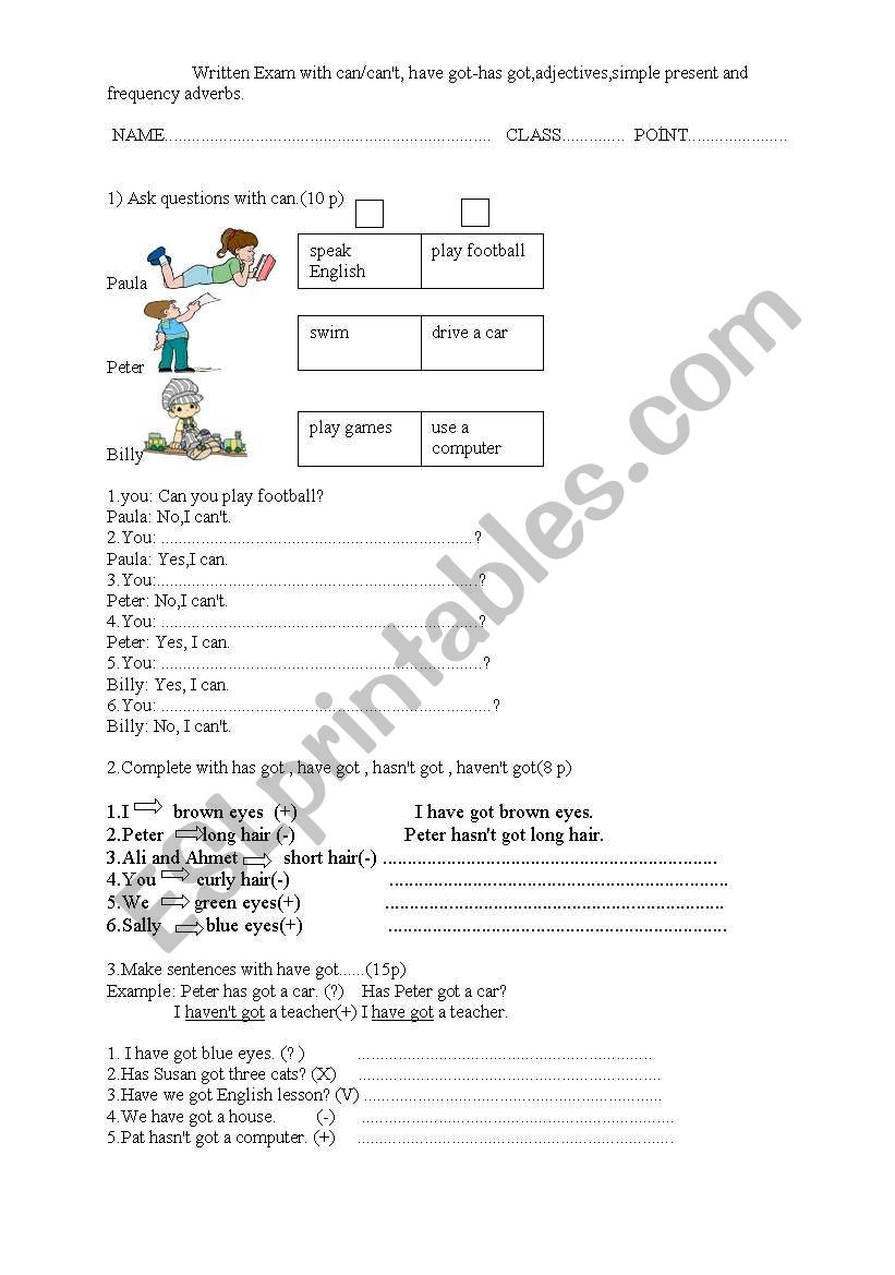 exam with can-can´t,adjectives,have-has got and more - ESL worksheet by ...