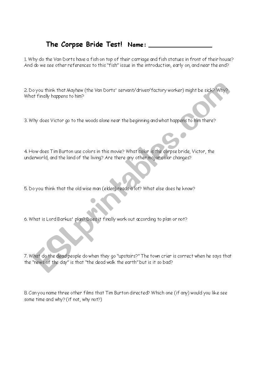 Tim Burton´s The Corpse Bride Test - ESL worksheet by kenseipaul