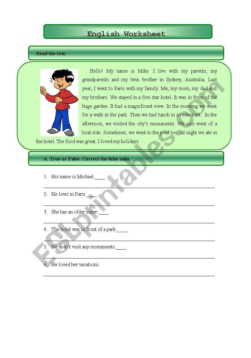 test- Mike´s Holidays - ESL worksheet by martavc