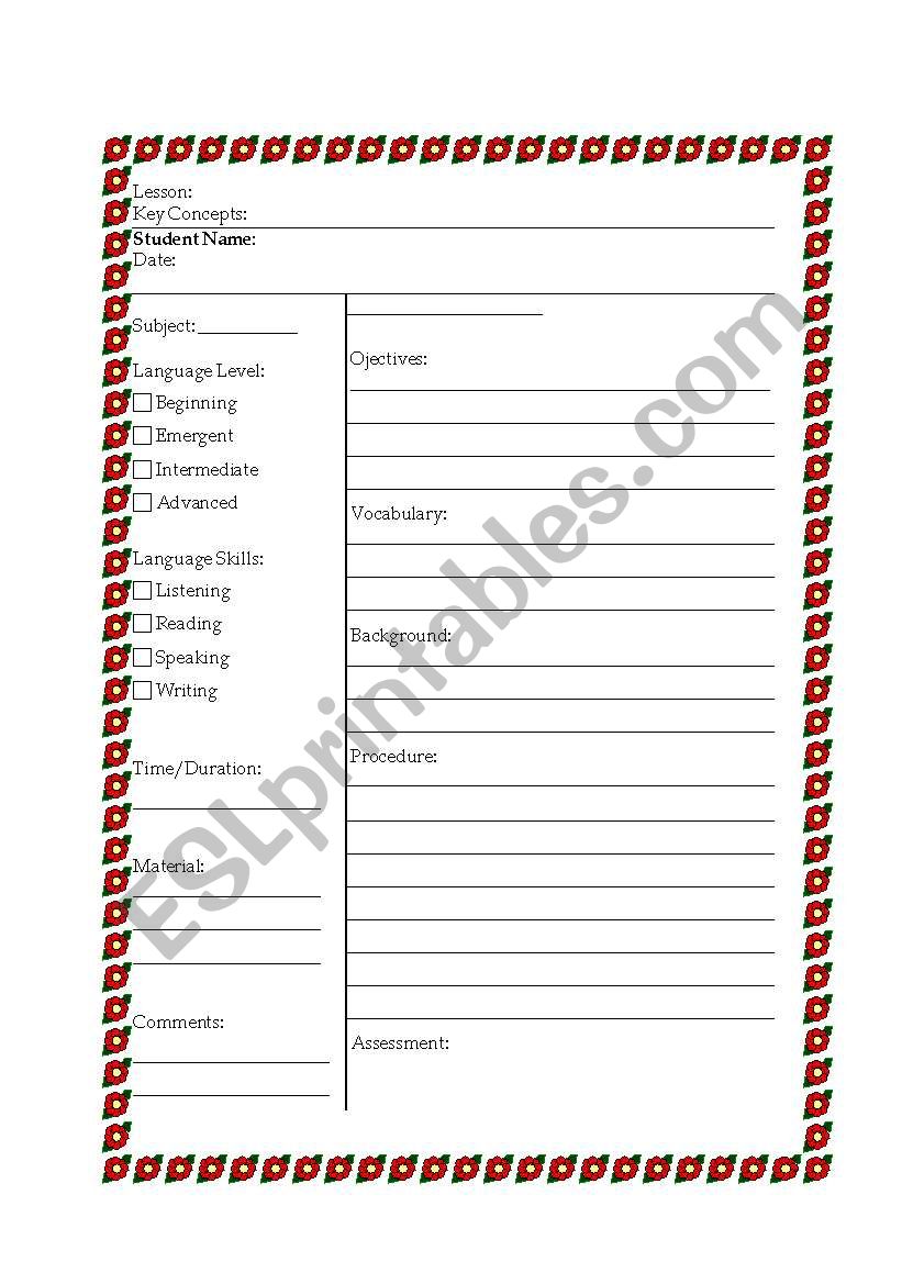 ESL Lesson Plan Template ESL Worksheet By Darin