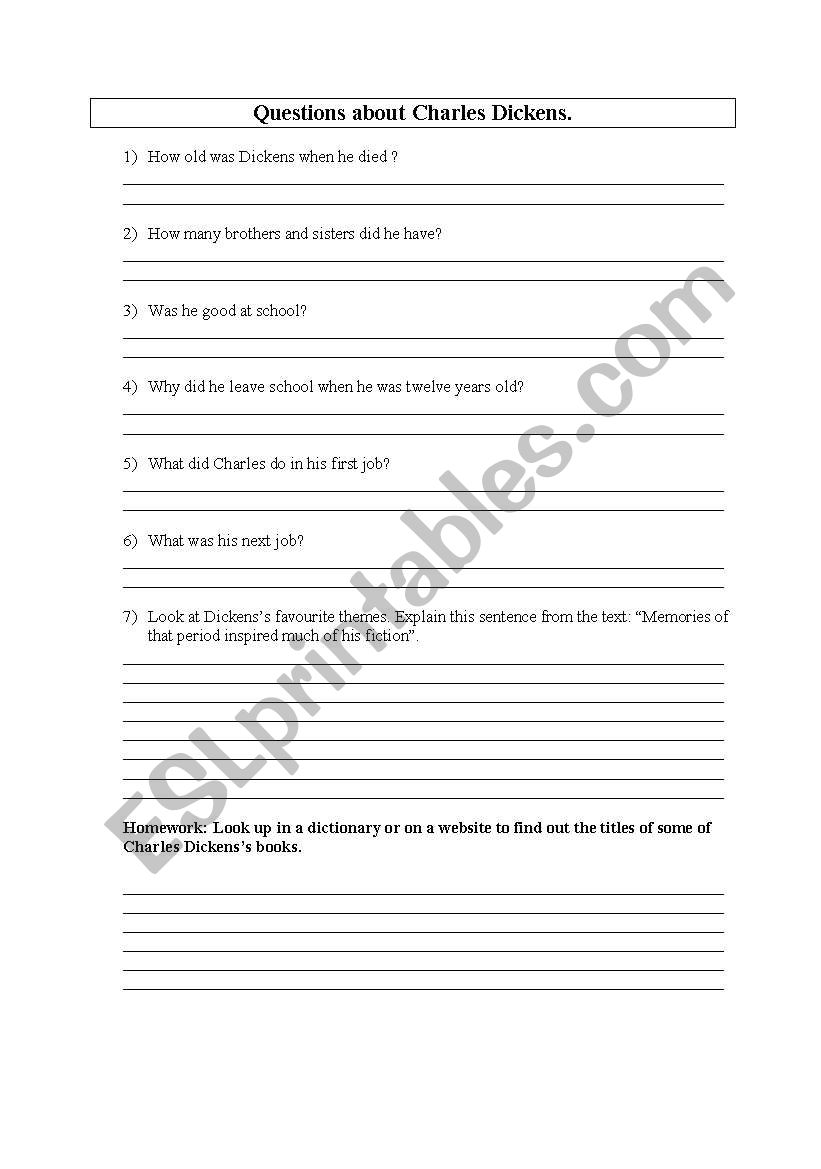 Charles Dickens´s biography, questions - ESL worksheet by fareelsa