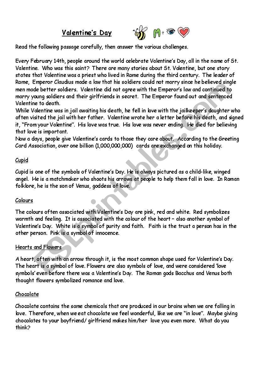 Valentine´s Day Background, Exercises and Cloze - ESL worksheet by dturner