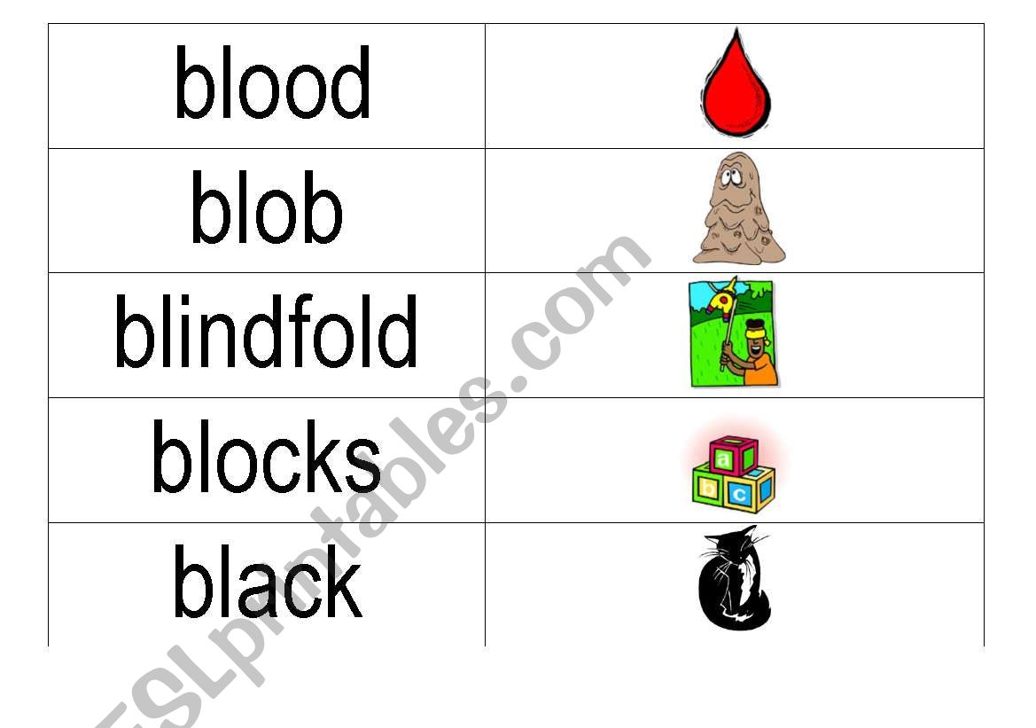 English worksheets: Word and picture cards with the ´bl´ blend