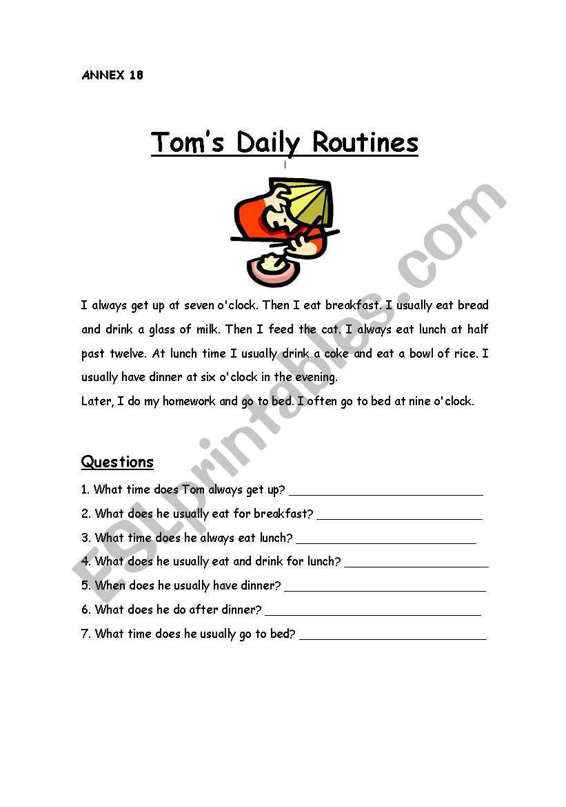 Tom´s daily routine - ESL worksheet by sandramarcos