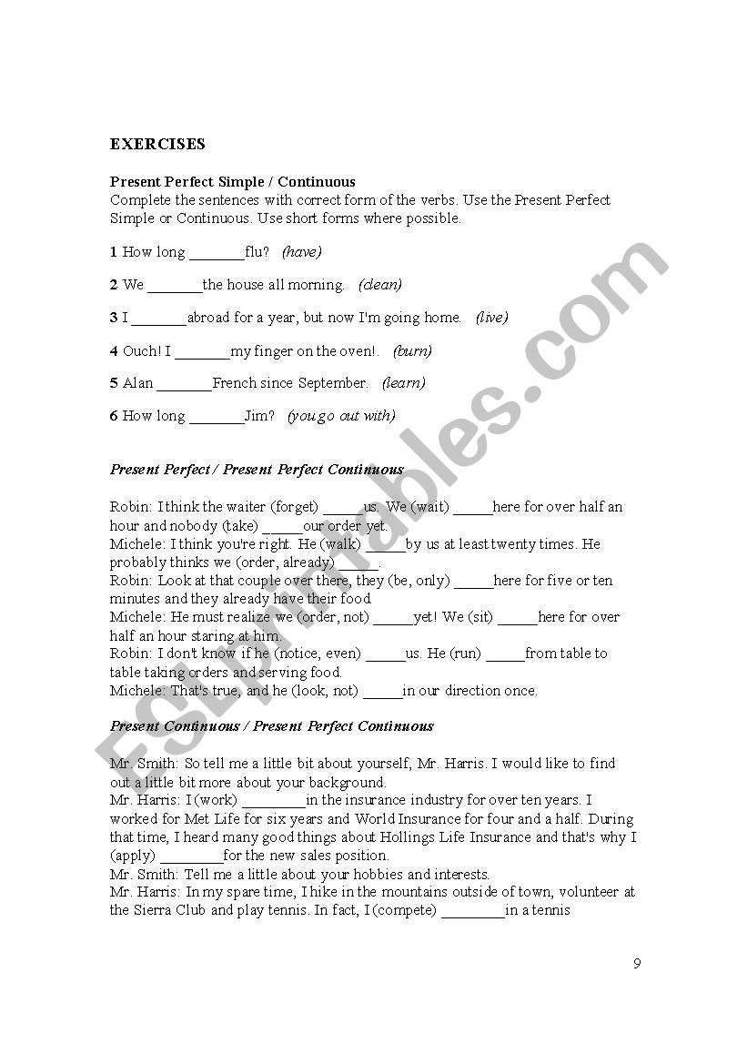 present perfect simple and continuous - ESL worksheet by delia122001