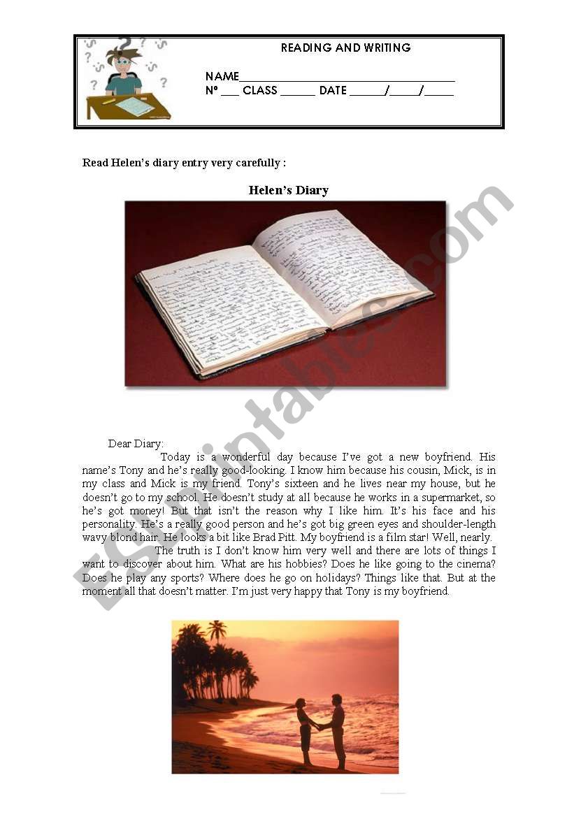 READING COMPREHENSION AND WRITING - "HelenÂ´s Diary" - ESL worksheet by ...