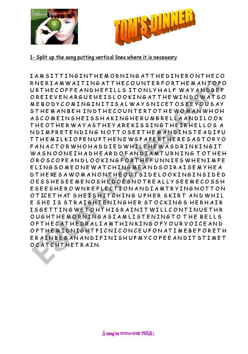 Tom´s Diner song - ESL worksheet by vincentvan