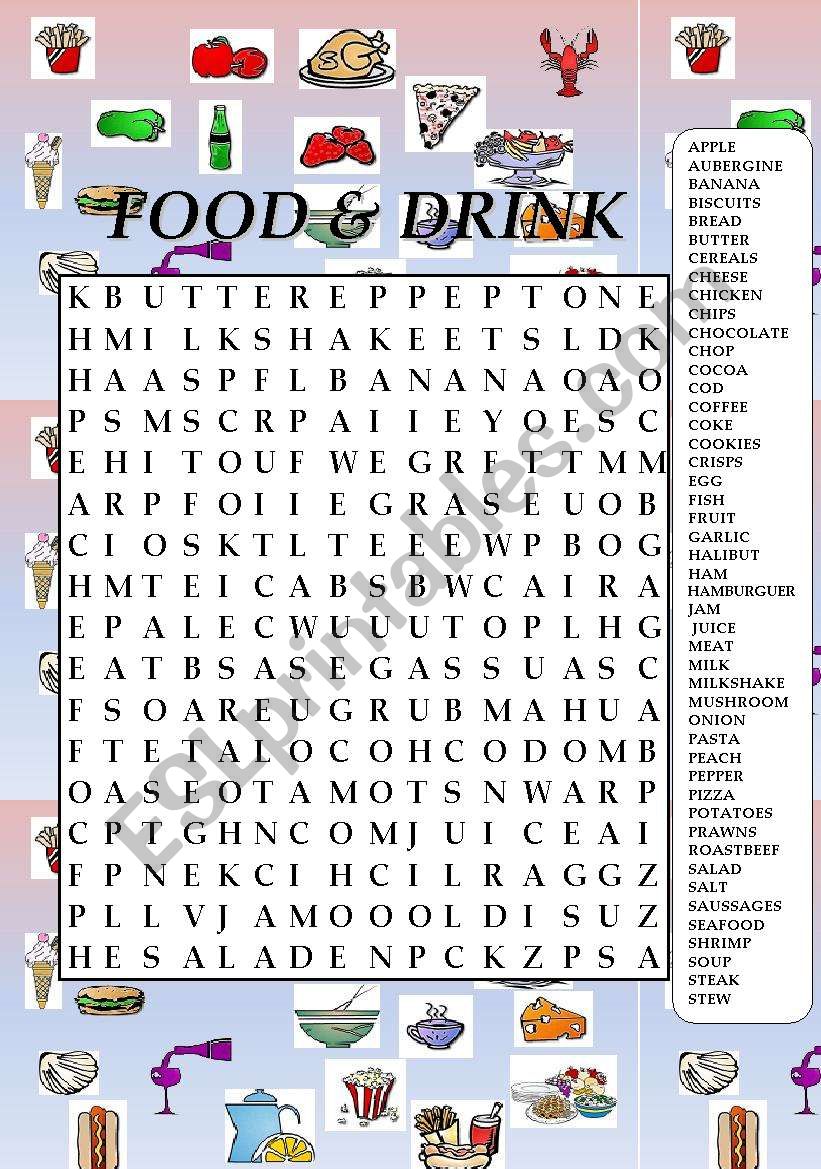 FOOR DRINK WORDSEARCH ESL Worksheet By Ssrl10