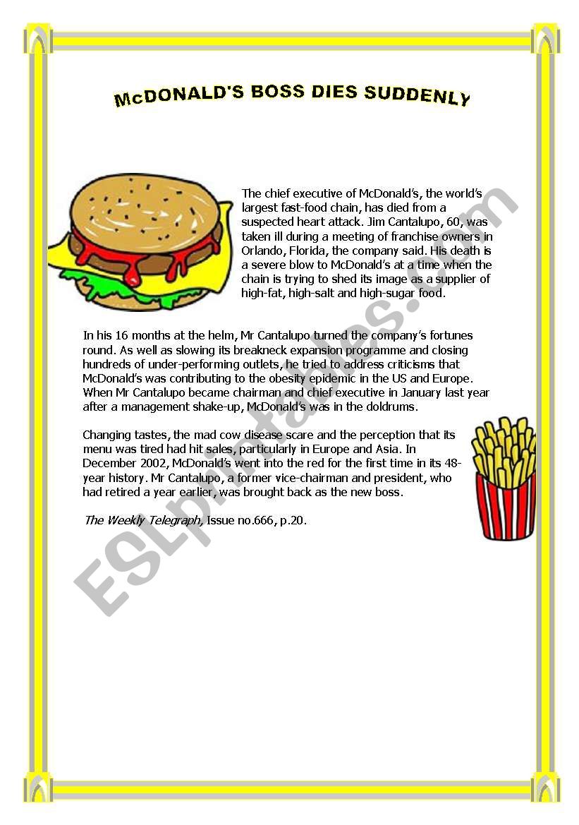 FAST FOOD, McDonald´s boss dies suddenly - ESL worksheet by liverpuliana
