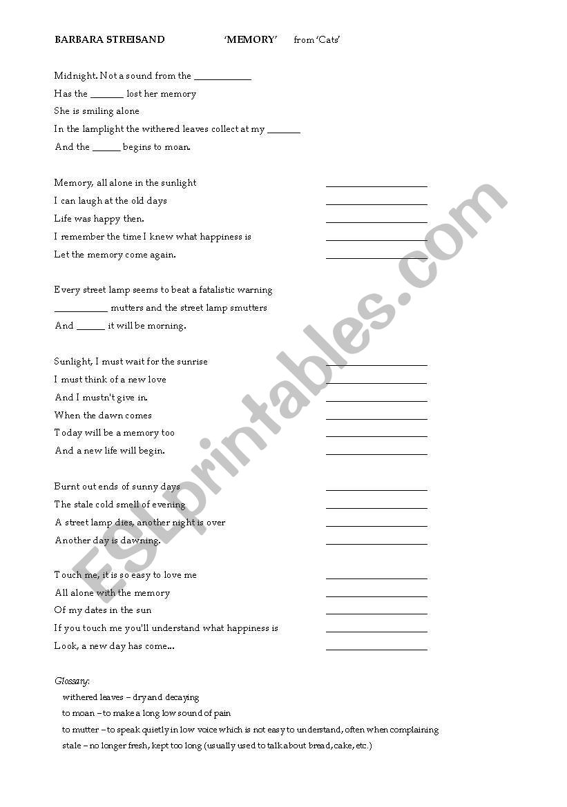 English worksheets: ´Memory´ song lyrics (Barbara Streisand)