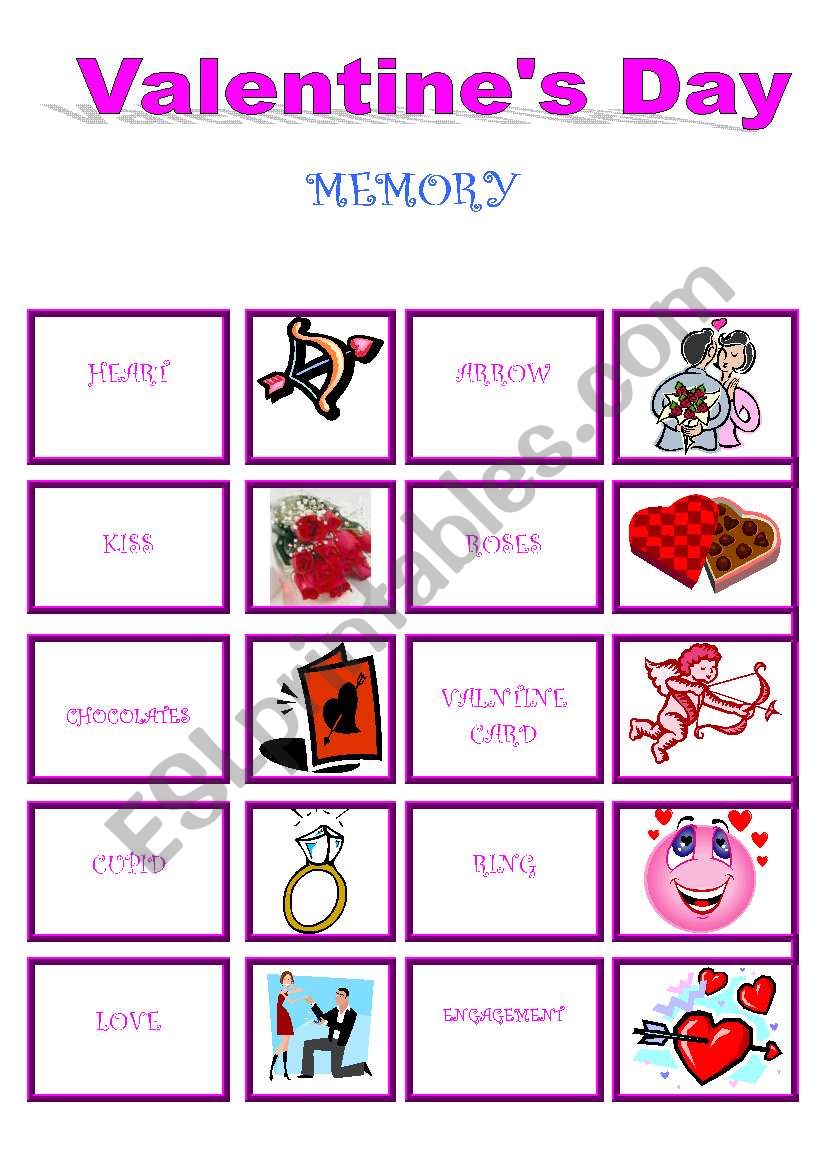 VALENTINEÂ´s DAY - 2 pages - MEMORY & MATCH - ESL worksheet by lobeni