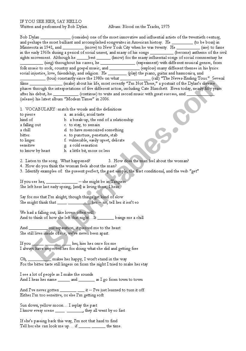 Worksheet on Bob Dylan´s song, If You See Her Say Hello - ESL worksheet ...