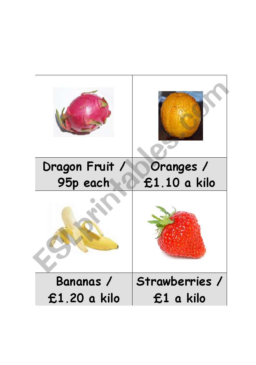 English worksheets: Fruit ´shopping game´ vocabulary cards