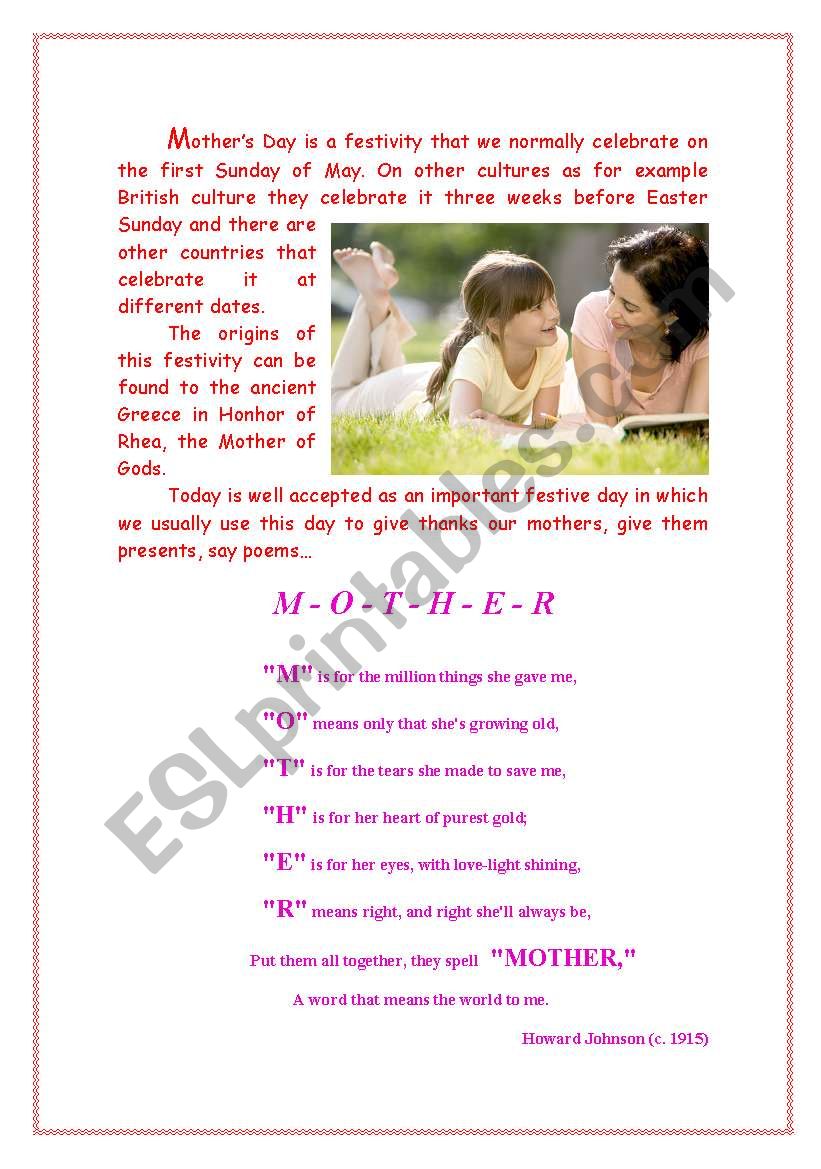 mother´s day - ESL worksheet by PAULAGB84